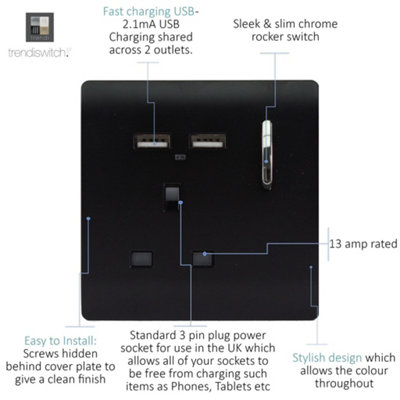 Trendi Switch Matt Black 1 Gang USB 2100mA Plug Socket, ART-SKT13USBMBK