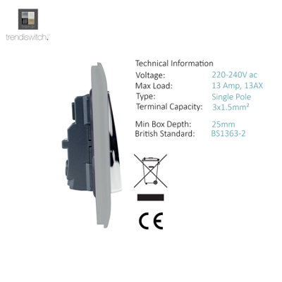 Trendiswitch Silver 1 Gang 13 Amp Switched Socket