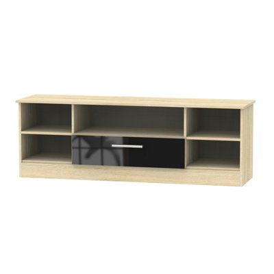 Trent Wide open TV unit in Black & Black Matt (Ready Assembled)