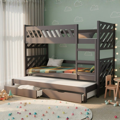 Triple Bunk Bed MATEO K with Mattress and Underbed Storage Drawers Black