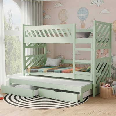 Triple Bunk Bed MATEO K with Mattress and Underbed Storage Drawers Mint