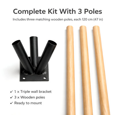 Triple Flag Pole Bracket Wall Mount with 3 x 120 cm - 47 Inch Wooden ...