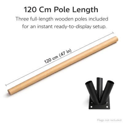 Triple Flag Pole Bracket Wall Mount with 3 x 120 cm - 47 Inch Wooden ...