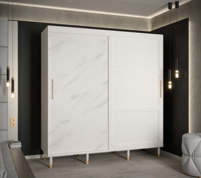Tromso Modern 2 Sliding Pannelled Marble Effect Door Wardrobe Gold Handles 9 Shelves 2 Rails White