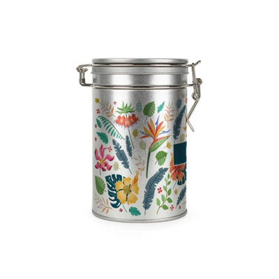 Tropical Flowers Coffee Canister - Silver Metal Clip Lid Kitchen Food ...