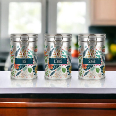 Tropical Flowers Decaf Coffee Canister - Silver Metal Clip Lid Kitchen ...