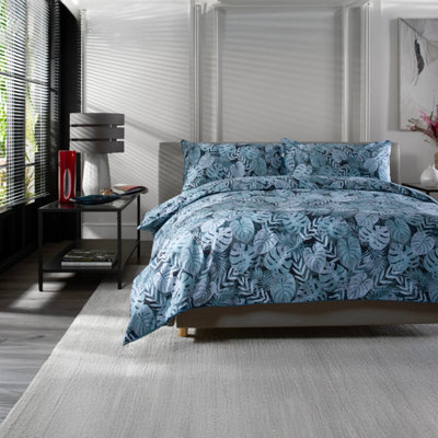 Tropical Garden 100% Cotton Duvet Cover Set, Blue Botanical Print with ...