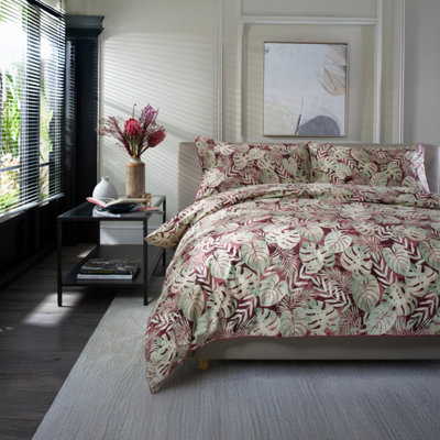 Tropical Garden 100% Cotton Duvet Cover Set, Red Botanical Print with ...