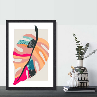 Tropical Monstera Blue and Pink Boho Botanical Medium Poster with Black ...