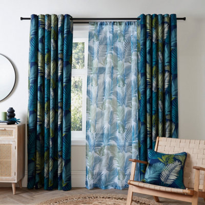 Tropical Palm Leaf Print Teal Voile Panel