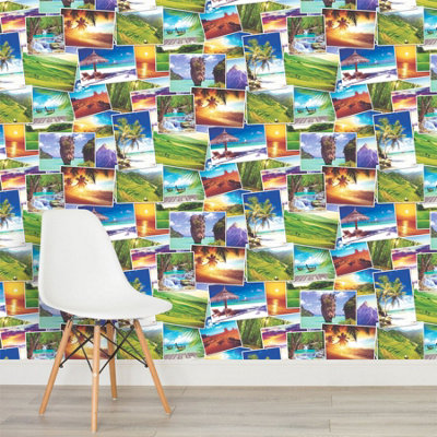 Tropical Photo Collage Wallpaper Palm Trees Beach Water Paste The Wall ...