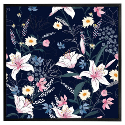 Tropical white & pink flowers (Picutre Frame) / 12x12" / Black