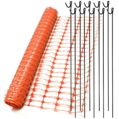 True Products Orange 5.5kg Plastic Safety Barrier Mesh Fence Netting 1m x 50m & 10 Metal Fencing ...