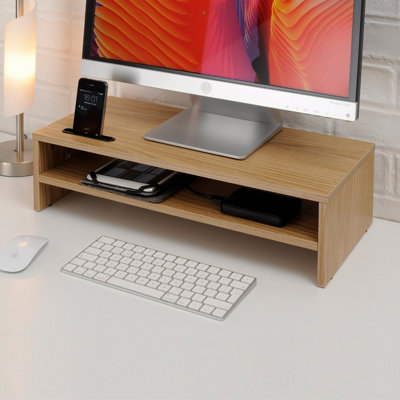 TTAP Light Oak Screen Riser with Mobile Phone Holder, Double Shelf