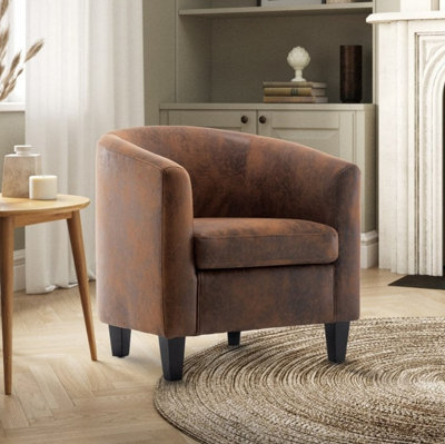 Tub Chair Armchair Club Chair in Brown Suede Faux Leather Fabric