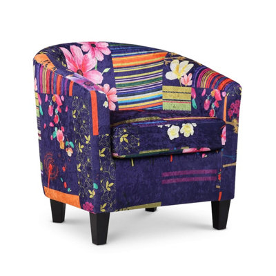 Tub Chair Armchair Club Chair in Purple Patchwork Fabric