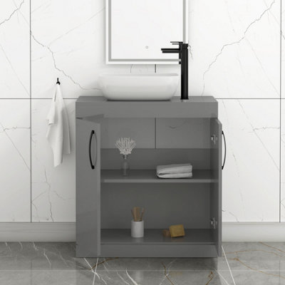 Turin 800mm Floor Standing Vanity Unit 2 Door Indigo Grey Gloss & Countertop Basin - Elva with ...
