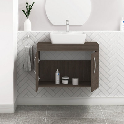 Turin 800mm Wall Hung Vanity Unit 2 Door Grey Elm & Countertop Basin - Cube