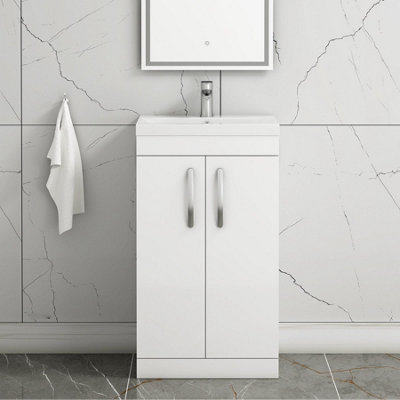 Turin Gloss White 500mm Floor Standing Vanity Unit 2 Door with Mid-Edge ...