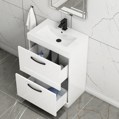 Turin Gloss White 600mm Floor Standing Vanity Unit 2 Drawer with ...