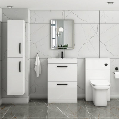 Turin Gloss White 600mm Floor Standing Vanity Unit 2 Drawer with ...