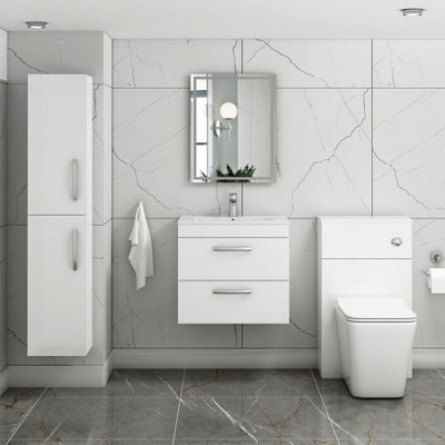 Turin Gloss White 600mm Wall Hung Vanity Unit 2 Drawer with Minimalist ...