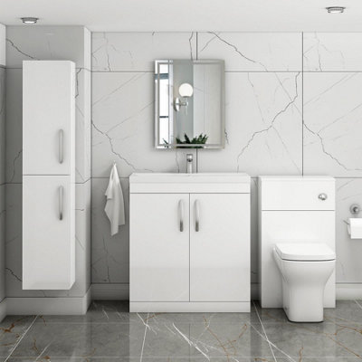 Turin Gloss White 800mm Floor Standing Vanity Unit 2 Door with Mid-Edge ...
