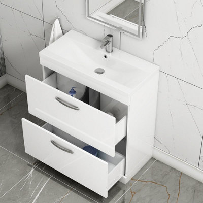 Turin Gloss White 800mm Floor Standing Vanity Unit 2 Drawer with Mid ...