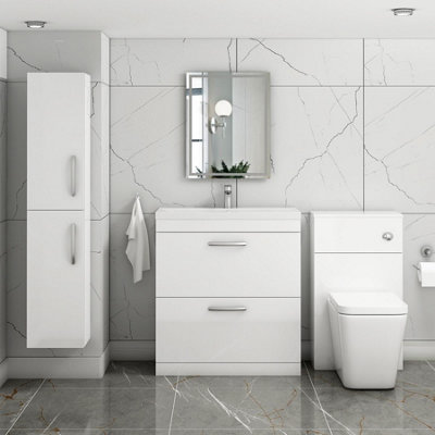 Turin Gloss White 800mm Floor Standing Vanity Unit 2 Drawer with Mid ...