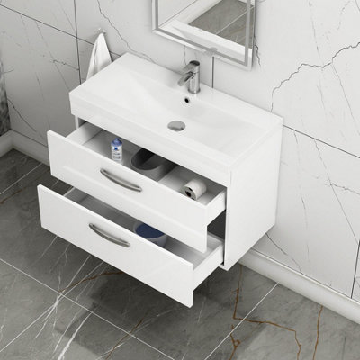 Turin Gloss White 800mm Wall Hung Vanity Unit 2 Drawer with Mid-Edge ...