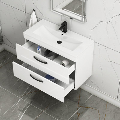 Turin Gloss White 800mm Wall Hung Vanity Unit 2 Drawer with Minimalist ...