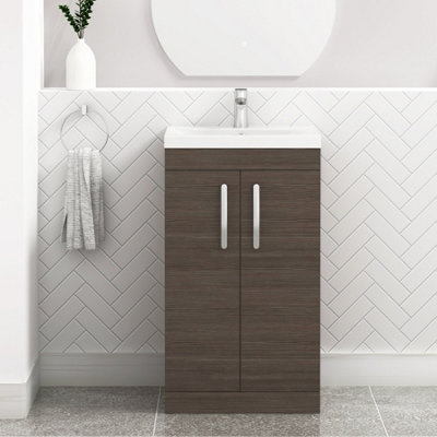 Turin Grey Elm 500mm Floor Standing Vanity Unit 2 Door with Mid-Edge ...