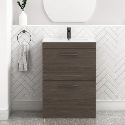 Turin Grey Elm 600mm Floor Standing Vanity Unit 2 Drawer with ...