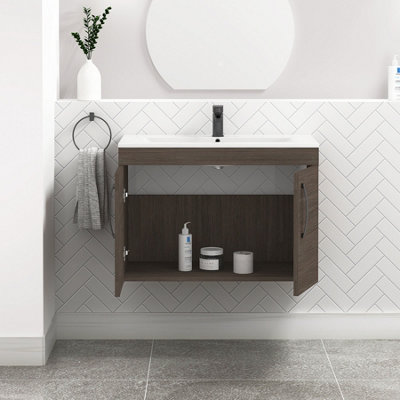 TURIN GREY ELM 800MM WALL HUNG VANITY UNIT 2 DOOR WITH MINIMALIST BASIN ...