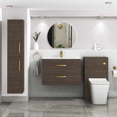 Turin Grey Elm 800mm Wall Hung Vanity Unit 2 Drawer with Minimalist ...