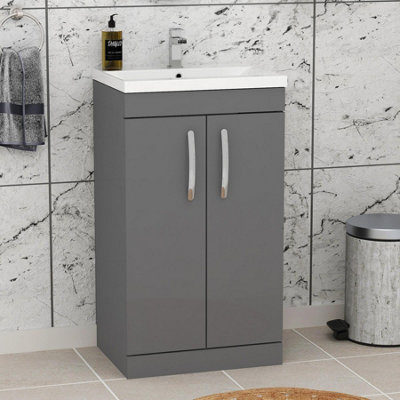 Turin Indigo Grey Gloss 500mm Floor Standing Vanity Unit 2 Door with ...
