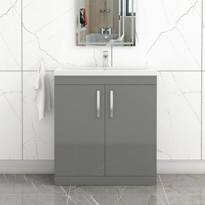 Turin Indigo Grey Gloss 800mm Floor Standing Vanity Unit 2 Door with ...