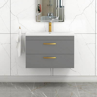 Turin Indigo Grey Gloss 800mm Wall Hung Vanity Unit 2 Drawer with Mid ...