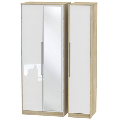 Turin Tall Triple Mirror Wardrobe in White Gloss & Bardolino Oak (Ready ...
