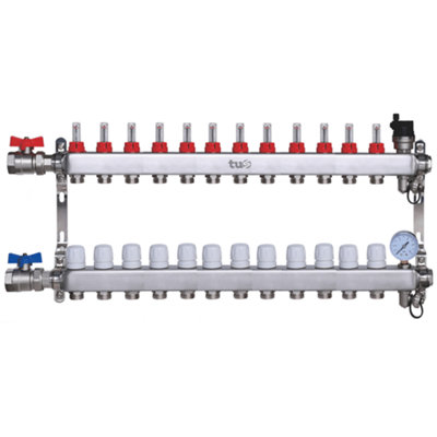 TUS 12 Port UFH Manifold - PG, AAV, BV included