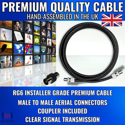 Tv Aerial Coax Cable RF Lead Male Plug to Plug with Coupler Black 2 Metres