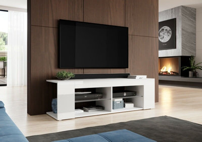 TV Cabinet Shelving Unit with Open Glass Shelf Media Stand 134cm White Gloss Matt Texas