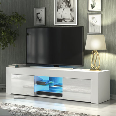 TV Unit 130cm LED Modern White with High Gloss Doors - Creative Furniture