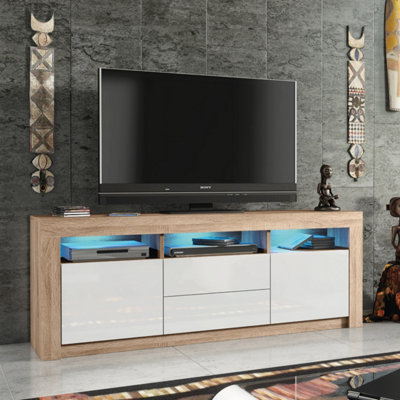 TV Unit 160cm LED Modern Oak with High Gloss White Doors - Creative ...