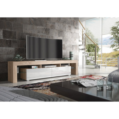 TV Unit 200cm Modern Oak with High Gloss White Doors - Creative Furniture