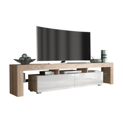 TV Unit 200cm Modern Oak with High Gloss White Doors - Creative Furniture