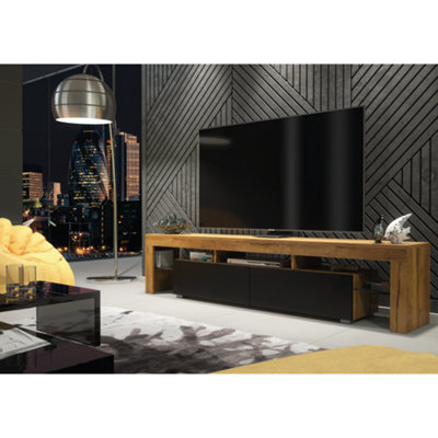 TV Unit 200cm Modern Oak with Matt Black Doors - Creative Furniture