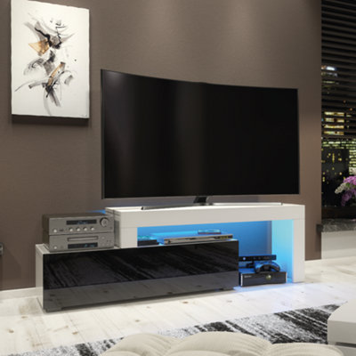 TV Unit 200cm Oak Modern Stand White Gloss Doors Free LED