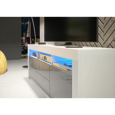 TV Unit Shine 160cm - White & Grey Gloss Doors and LED Lights