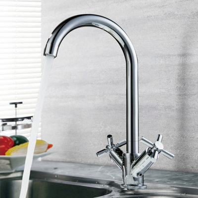 Twin Cross Handle Kitchen Mixer Tap Chrome Brass Swivel Spout | DIY at B&Q